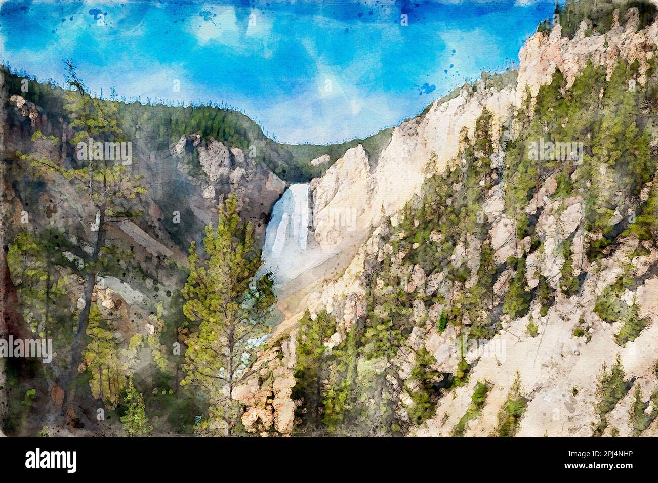 Digitally created watercolor painting of a panoramic of Lower Falls in ...
