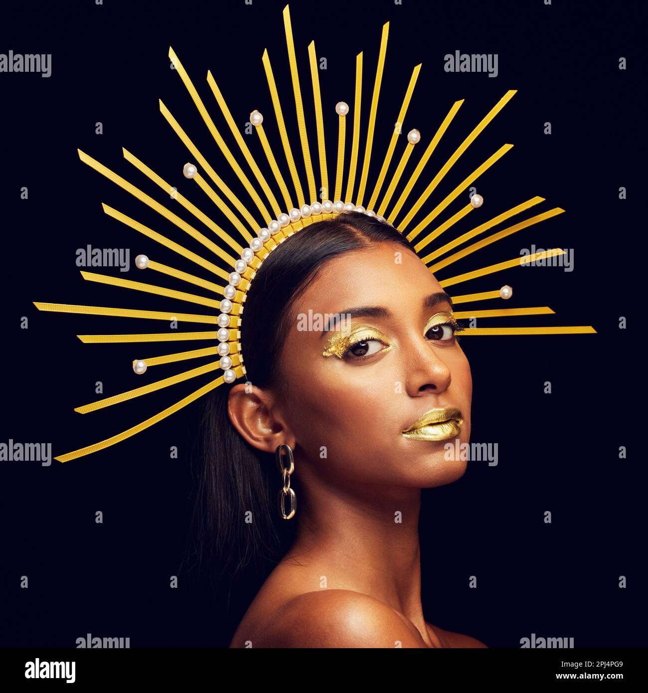 Indian woman, crown and studio portrait with makeup for beauty ...