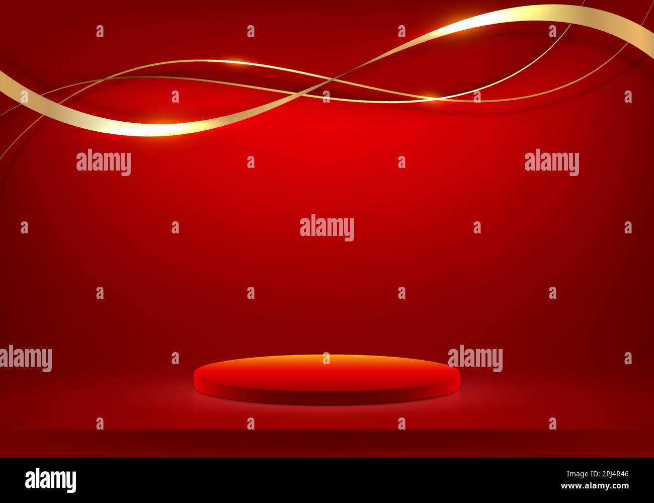 3D realistic red podium with red color wave lines with shiny golden ...