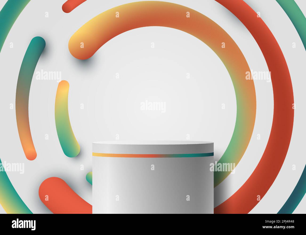 3D realistic white podium stand with bright color rounded lines circles ...