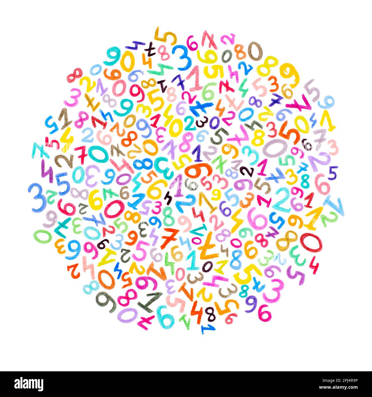 Numbers font round shape, made with wax crayons over white background ...