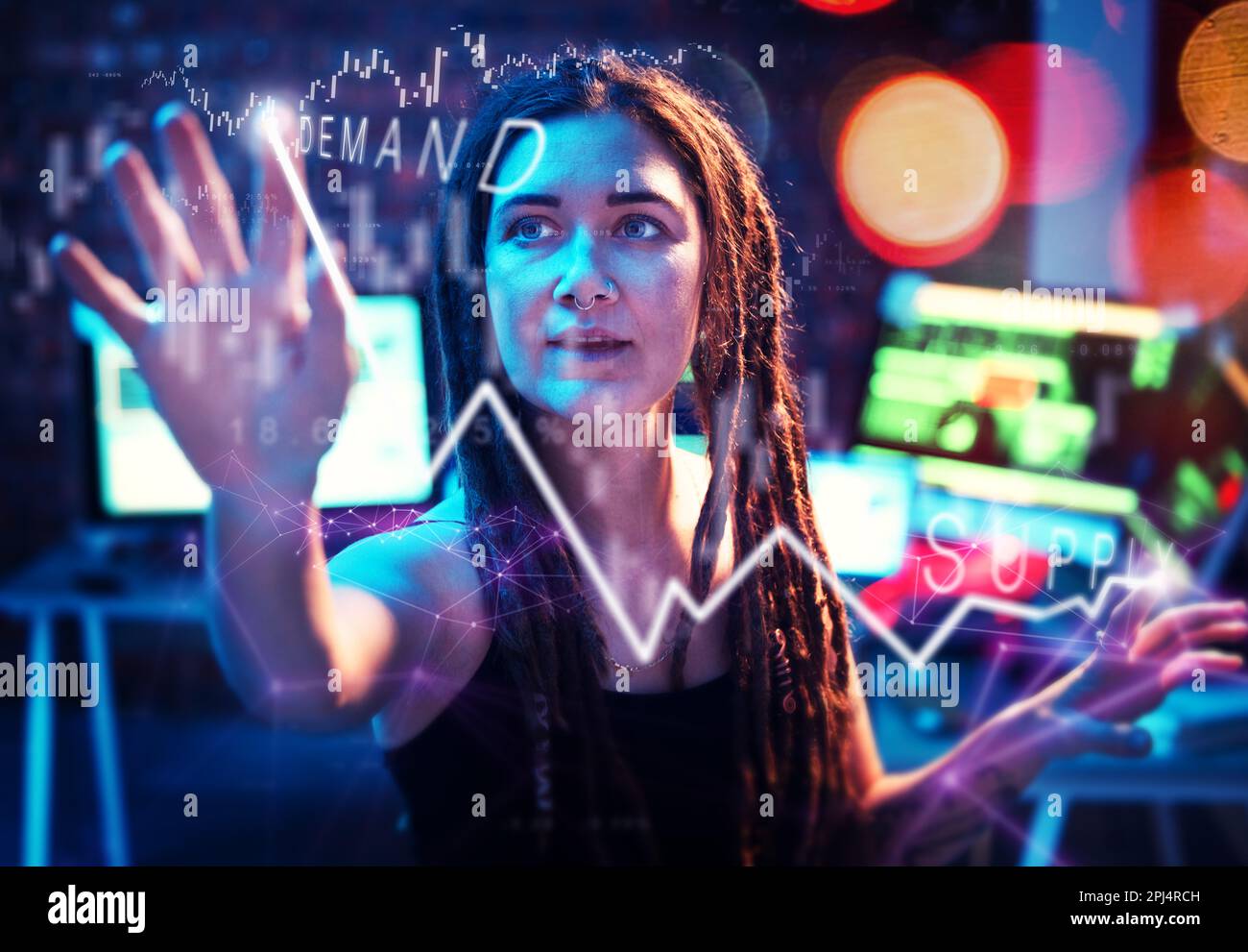 Woman hacker, night and hologram overlay for economy, online banking ...