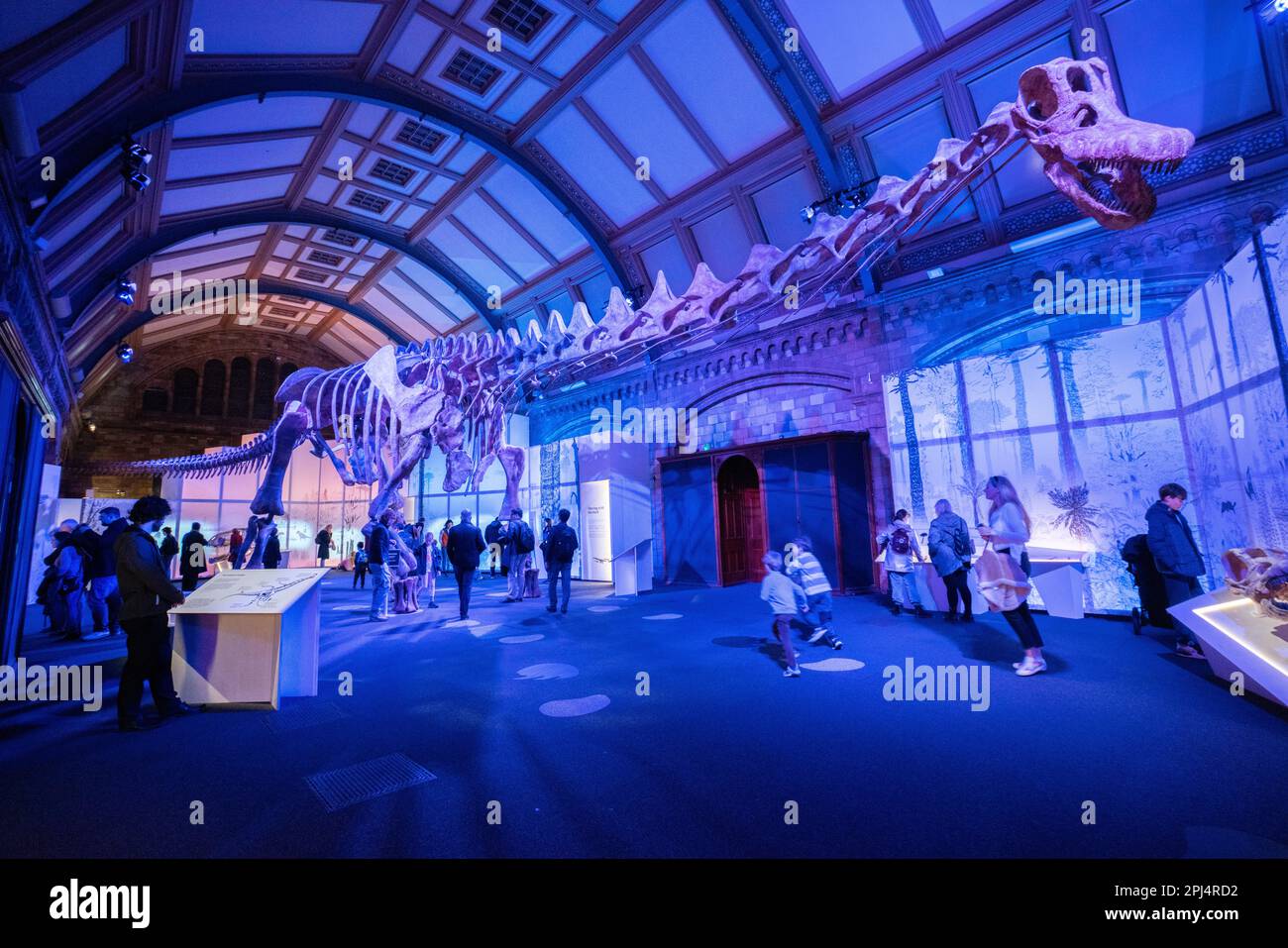London UK 31 March 2023. A replica skeleton of a Patagotitan dinosaur ...