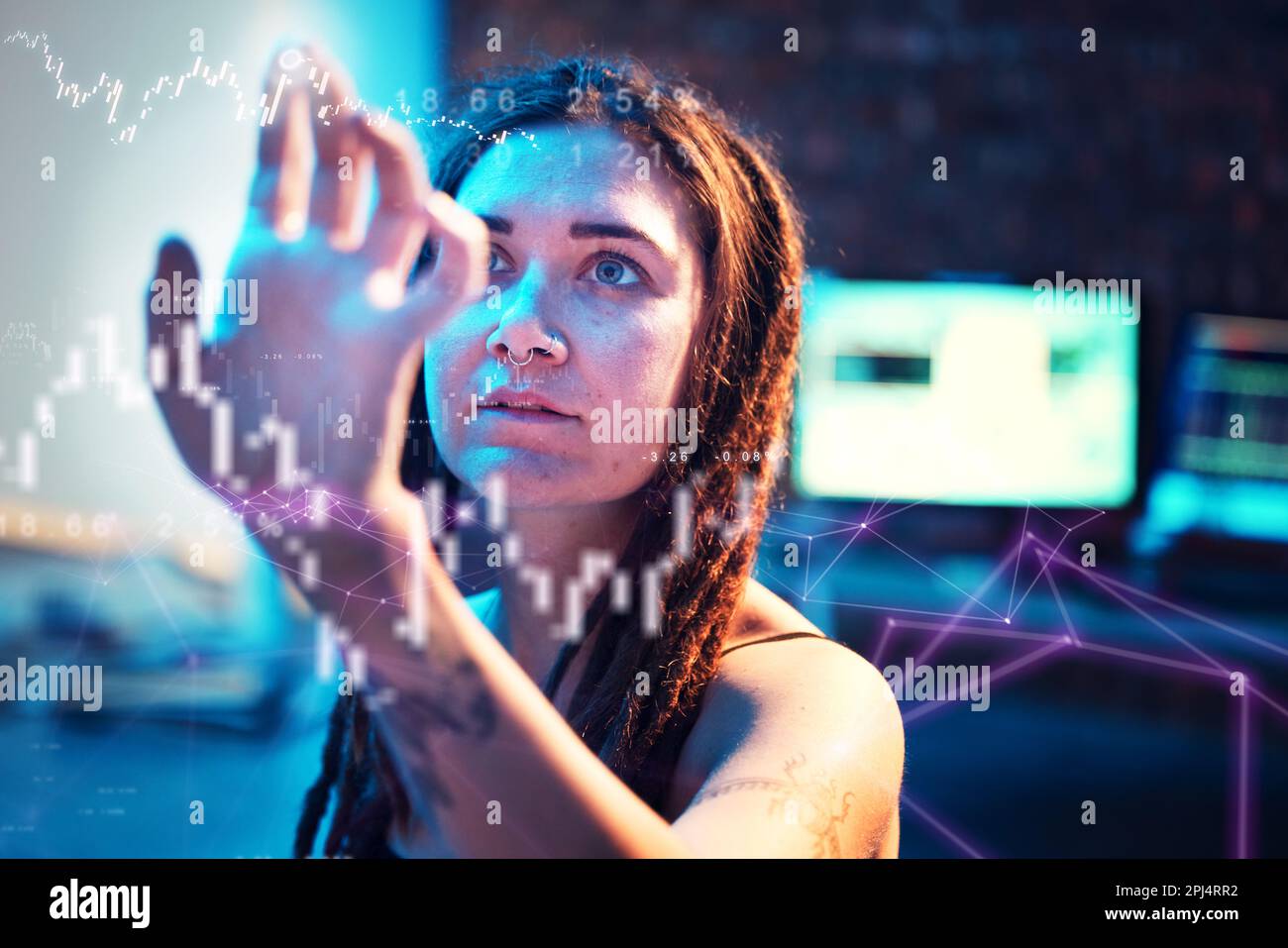 Woman Hacker Night And Hologram Overlay For Online Banking System Crypto Graph And Data 