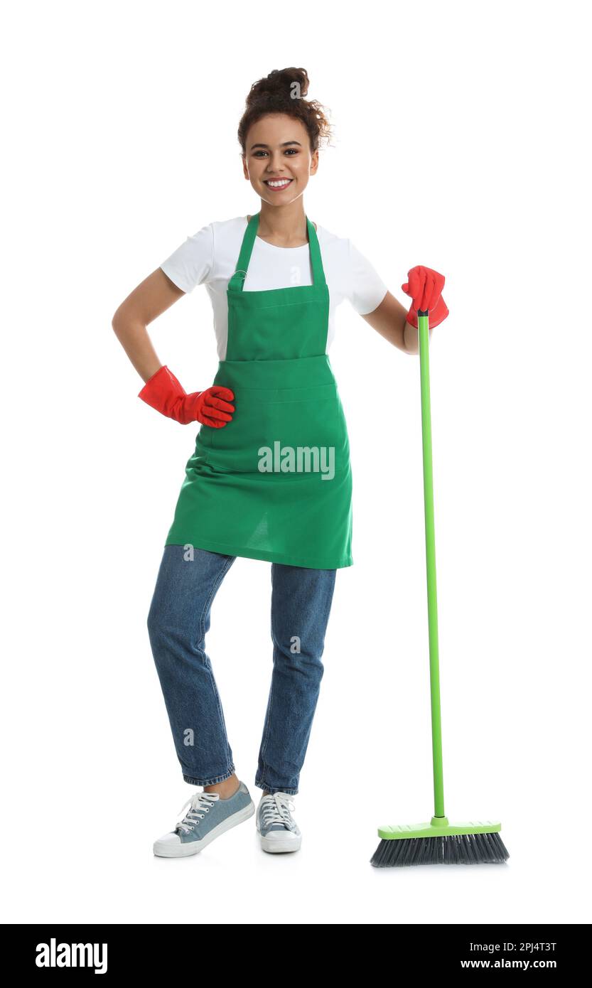 African American woman with green broom on white background Stock Photo ...