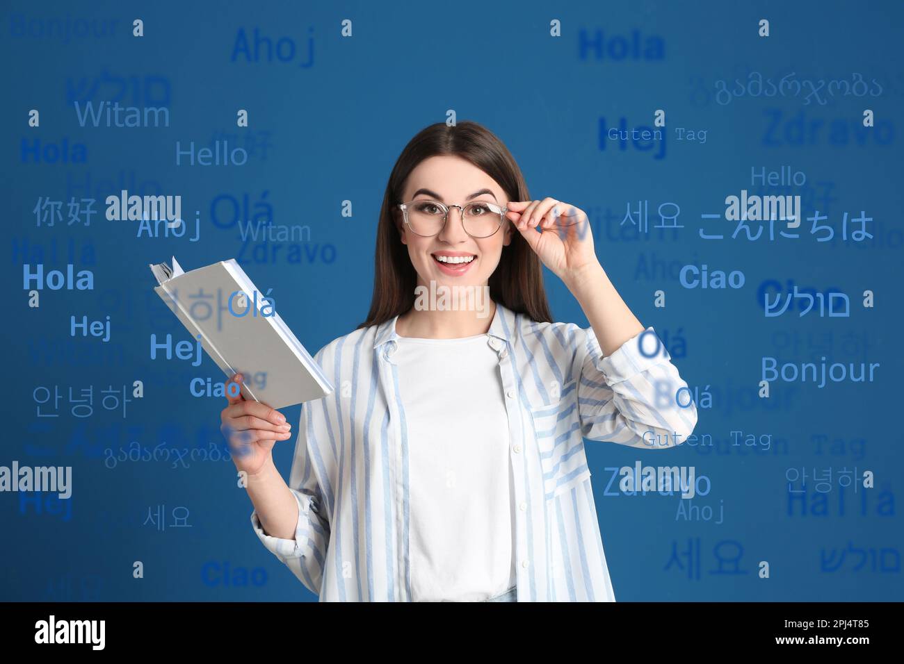 Portrait of happy translator and greeting words in different foreign ...