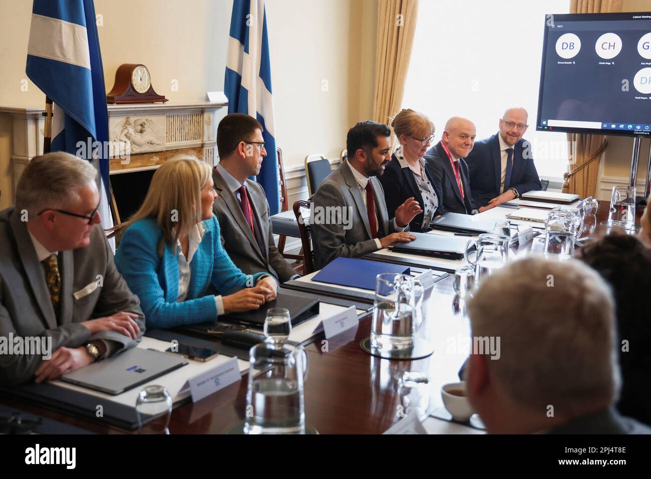 Newly elected First Minister of Scotland Humza Yousaf chairs his first ...