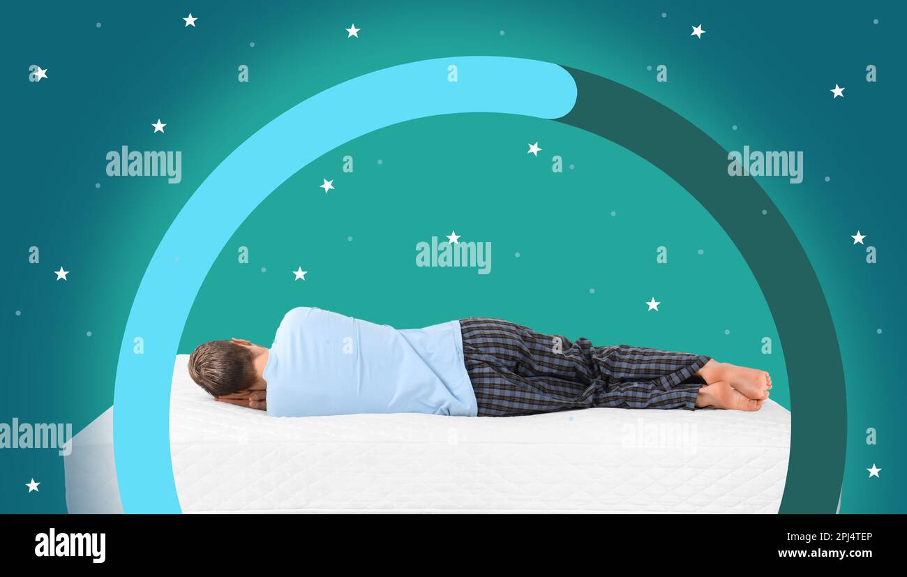 Young man sleeping on mattress against color background, back view ...