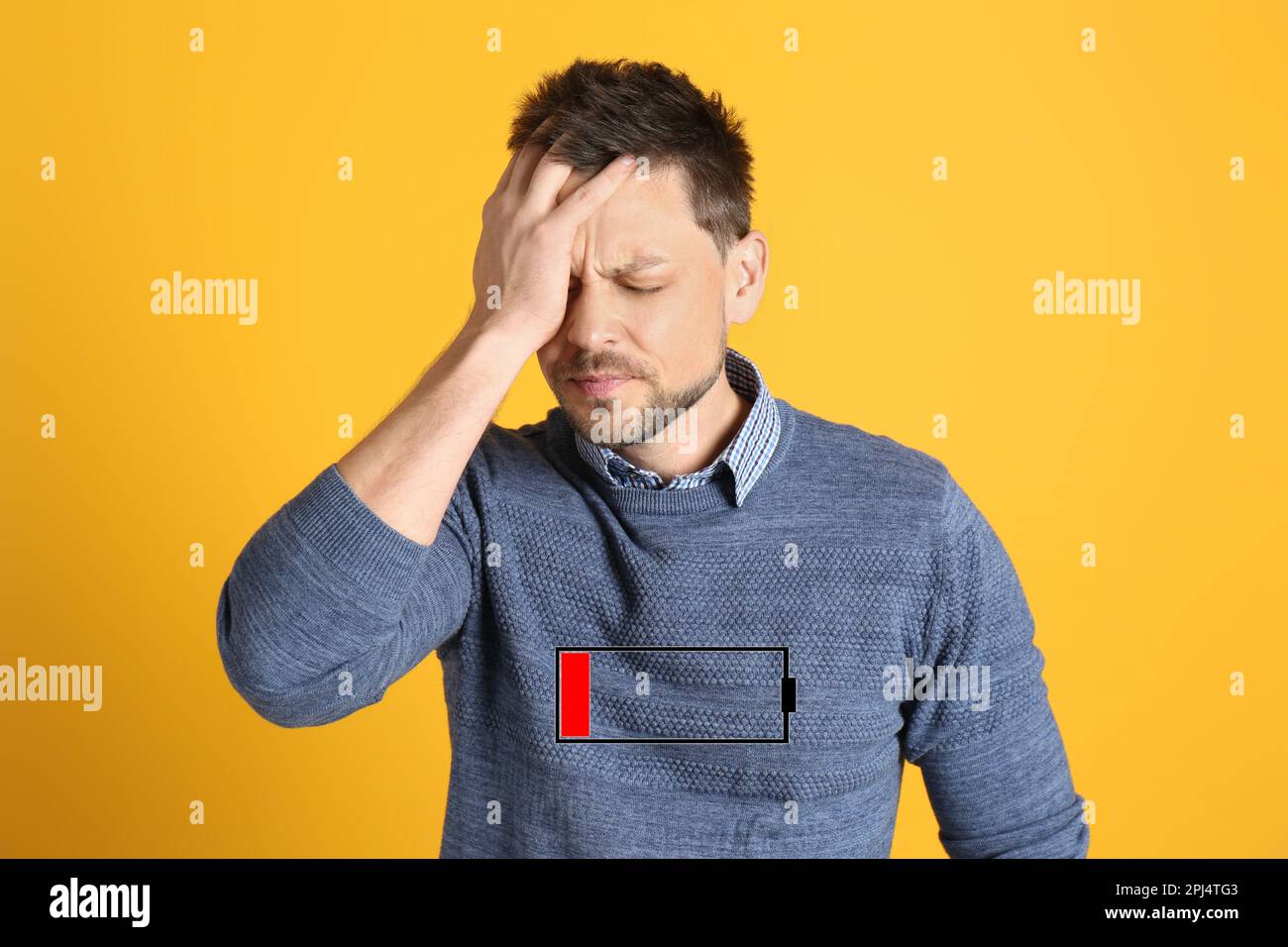 Illustration of discharged battery and tired man on orange background ...