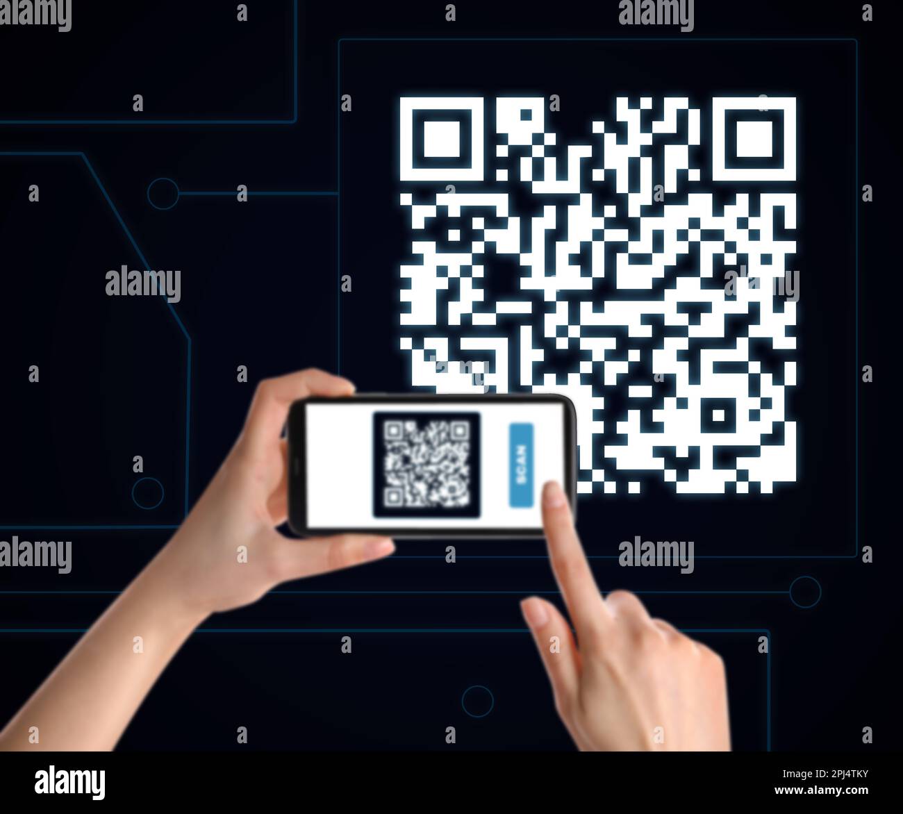 Woman scanning QR code with smartphone on black background, closeup ...