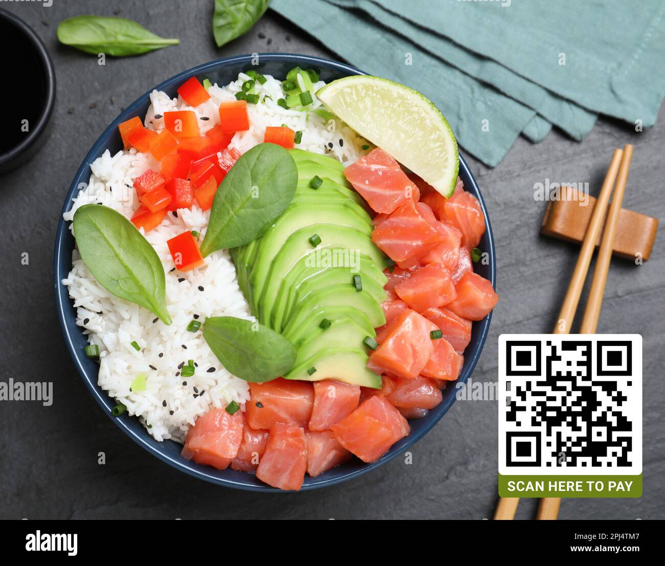 Scan QR code for contactless menu. Delicious poke bowl with salmon and ...
