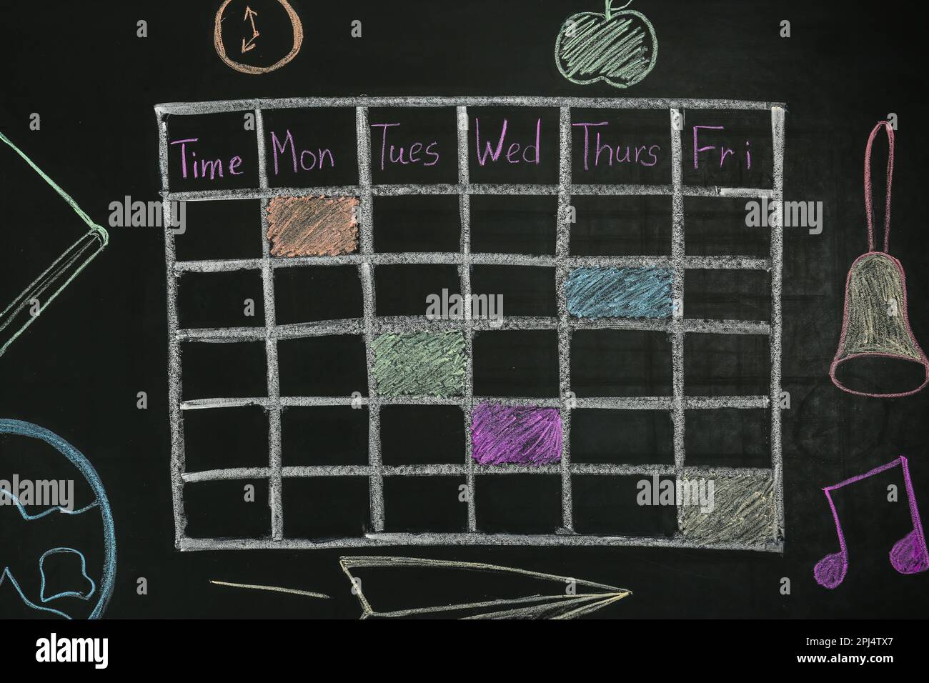 Weekly school timetable drawn with colorful chalk on blackboard Stock ...