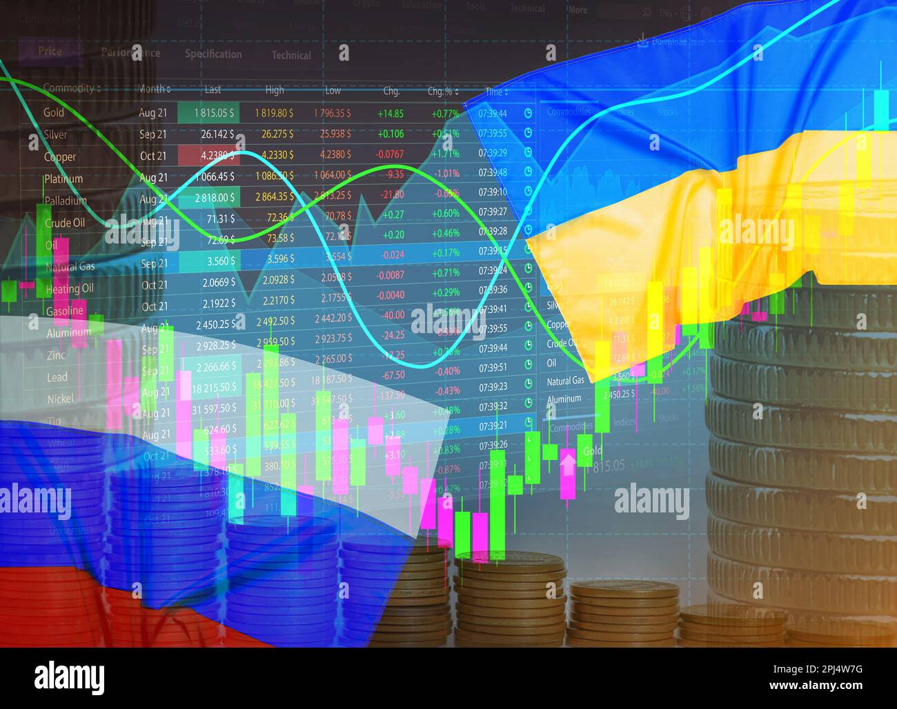 Multiple exposure of Ukrainian, Russian flags, coins and digital stock ...