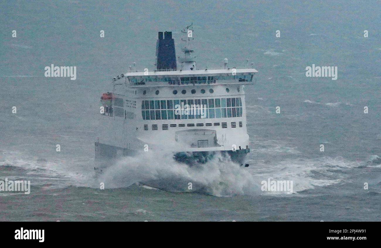 The DFDS Delft Seaways ferry is hit by waves as it arrives at the Port ...