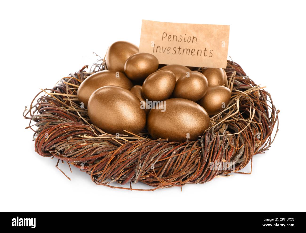 Many golden eggs and card with phrase Pension Investments in nest on ...