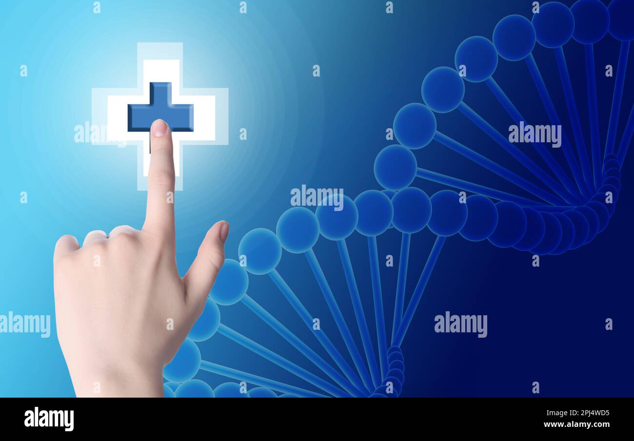 Woman pressing virtual first aid button on blue background, closeup ...