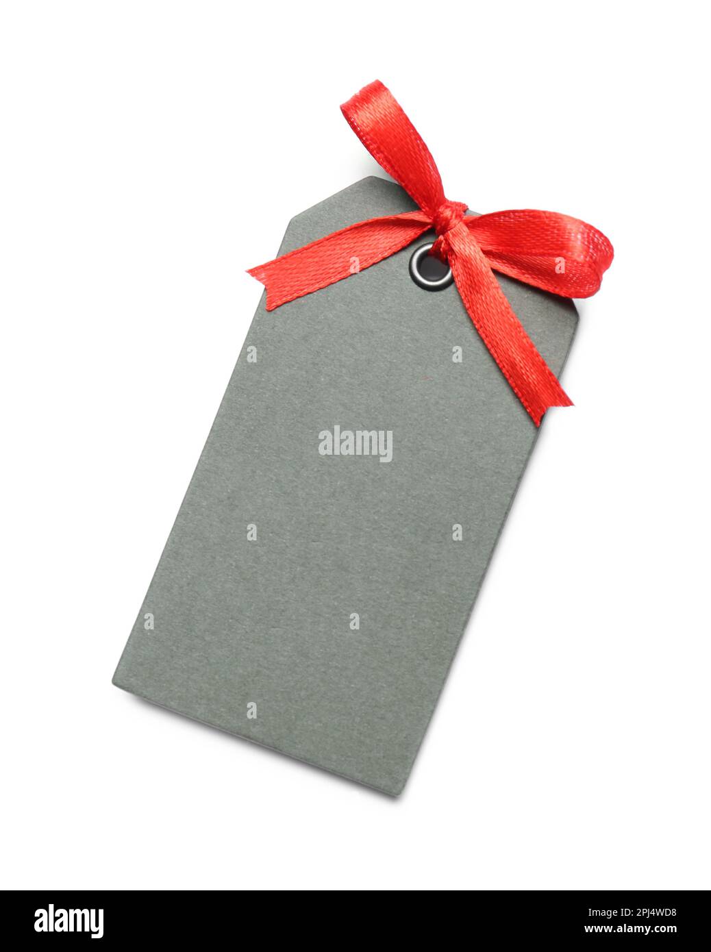 Blank grey gift tag with red satin ribbon on white background, top view ...