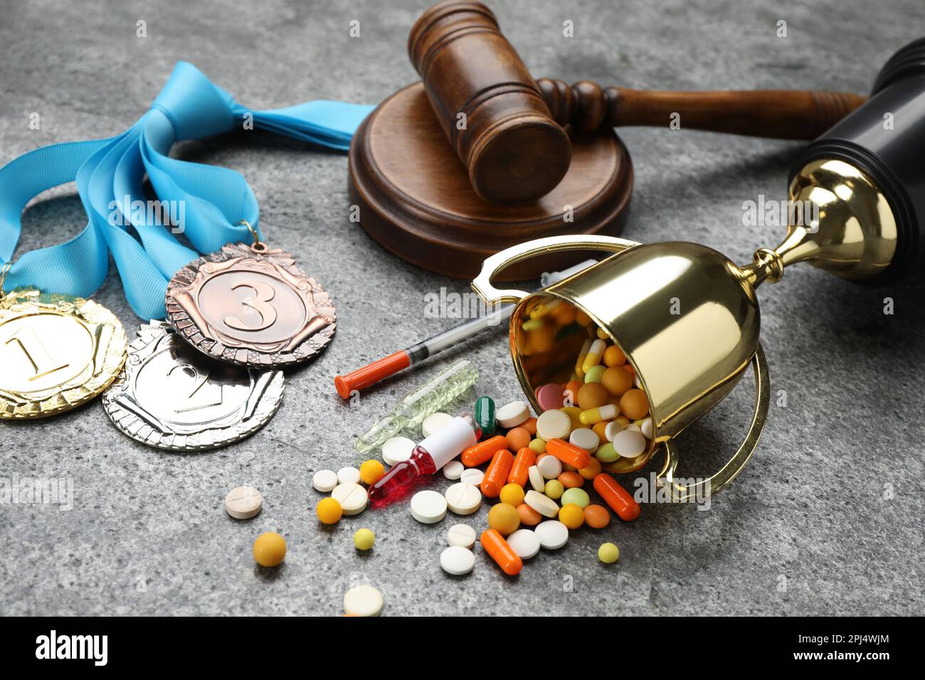 Composition with drugs on grey table. Doping control Stock Photo - Alamy