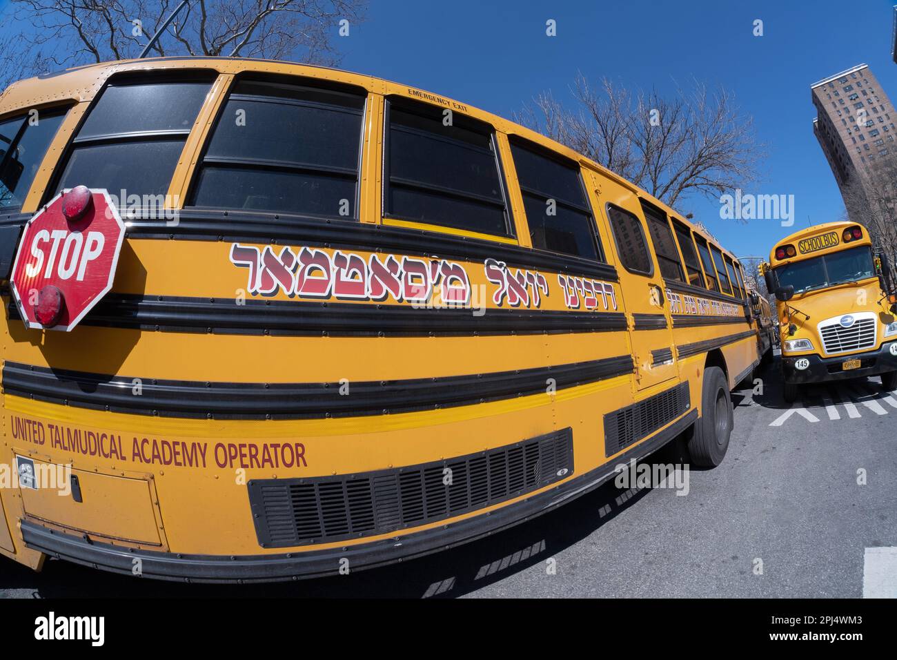 A fisheye lens view of a Satmar school bus with Yiddish & Hebrew ...