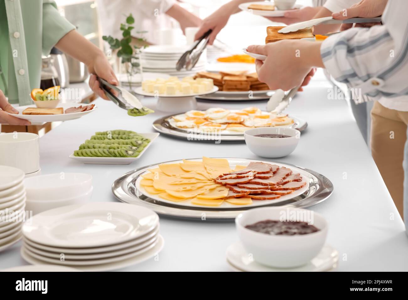 People taking food during breakfast, closeup. Buffet service Stock ...