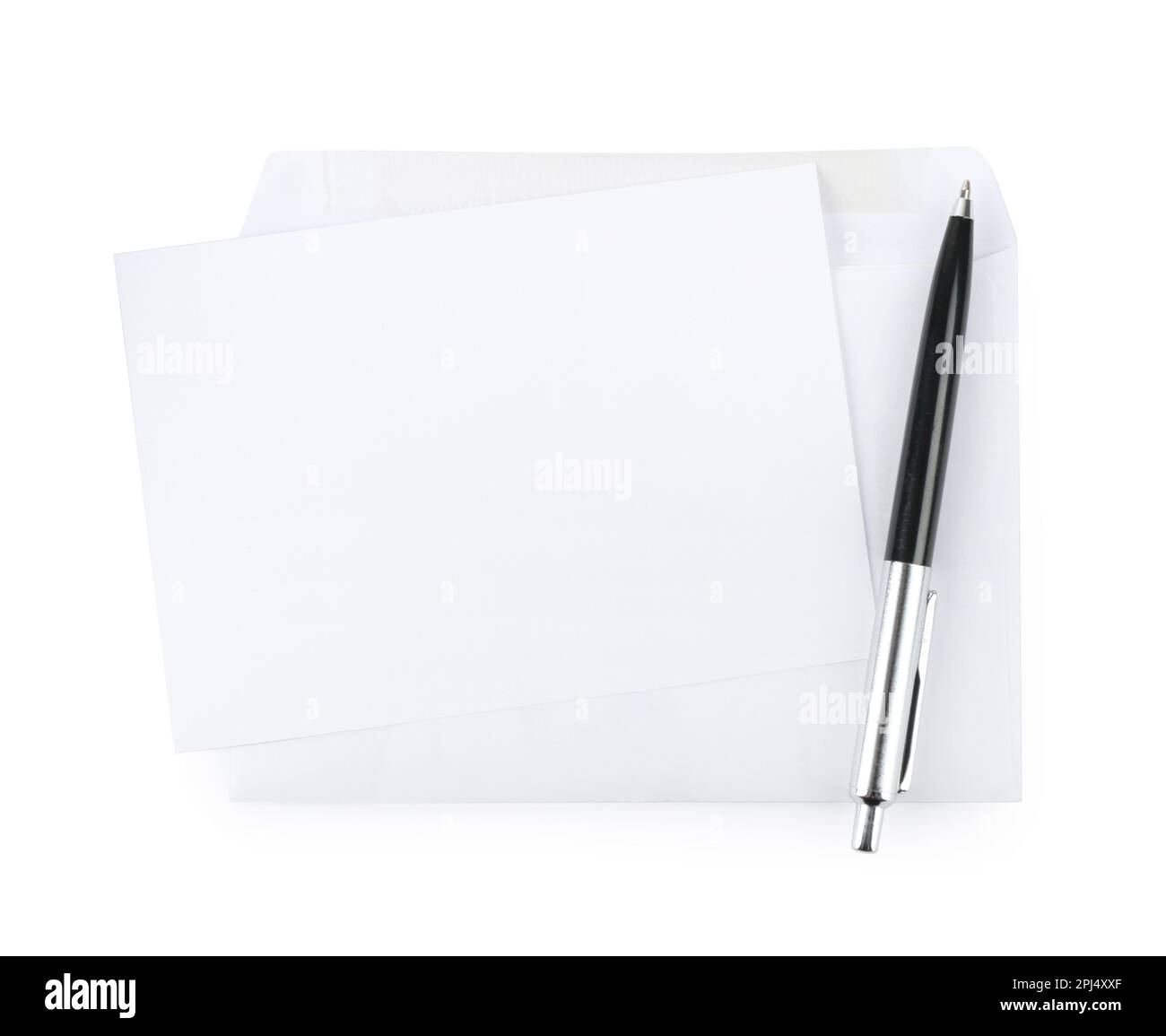 Envelope with blank letter and pen on white background, top view Stock ...