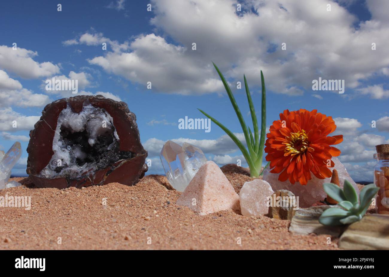 Chakra Stones and Aloe Plant on Australian Red Sand. Meditation Altar ...