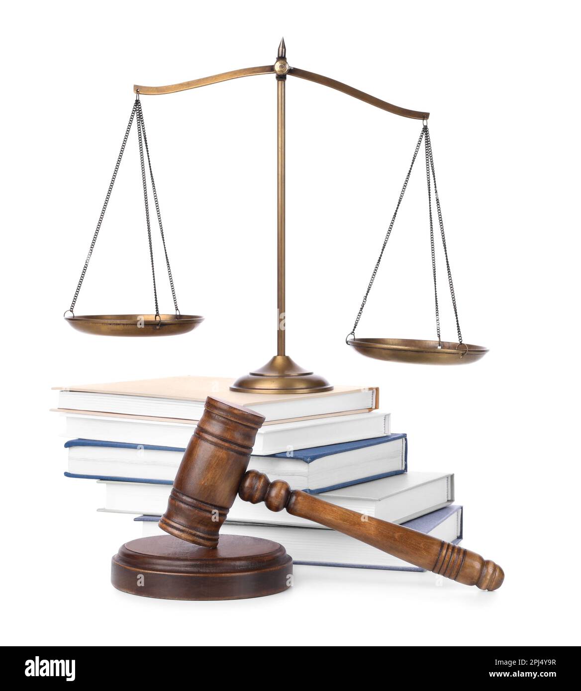 Wooden gavel, books and scales of justice on white background Stock ...