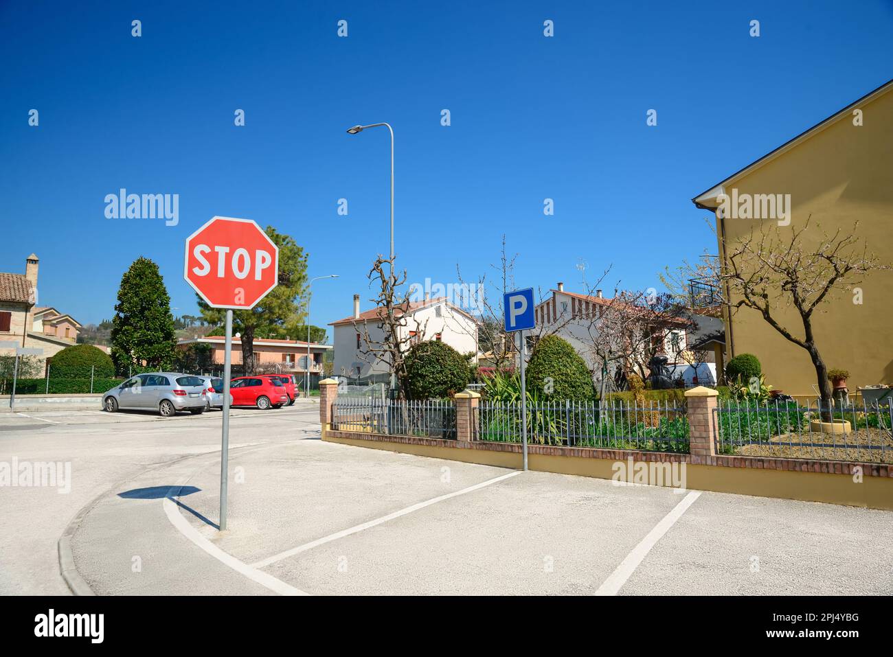 Road sign STOP on outdoor car parking lot Stock Photo - Alamy