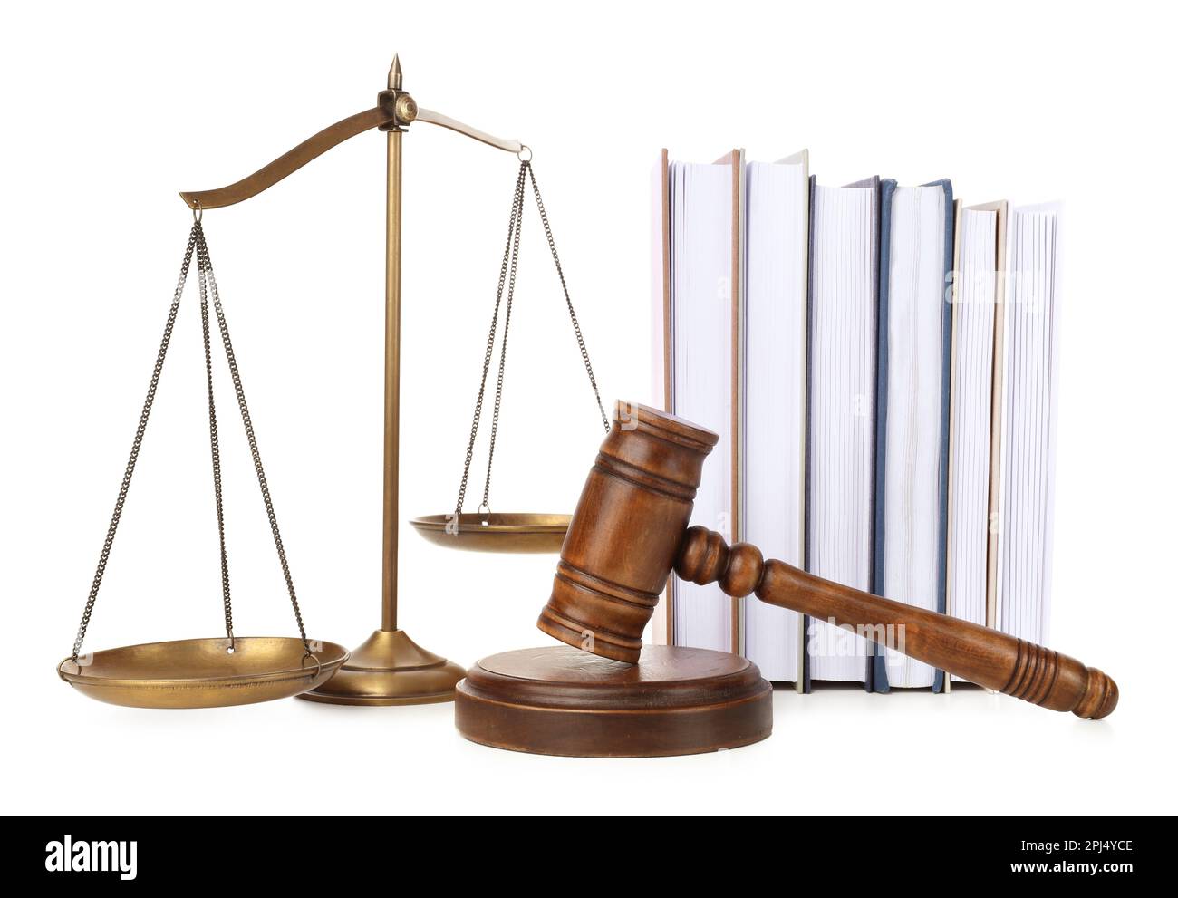 Wooden gavel, books and scales of justice on white background Stock ...