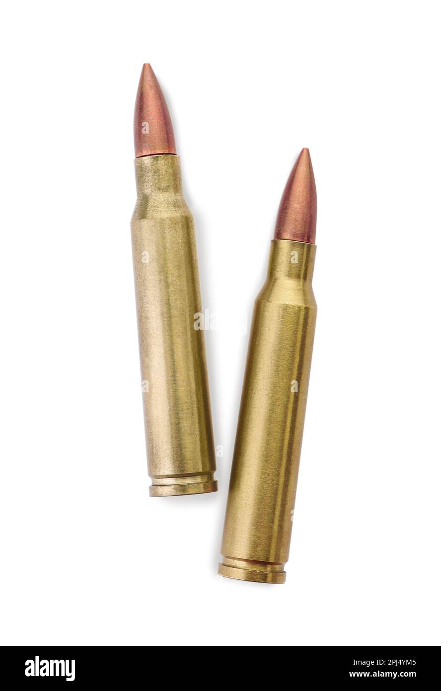Two bullets on white background, top view. Military ammunition Stock ...