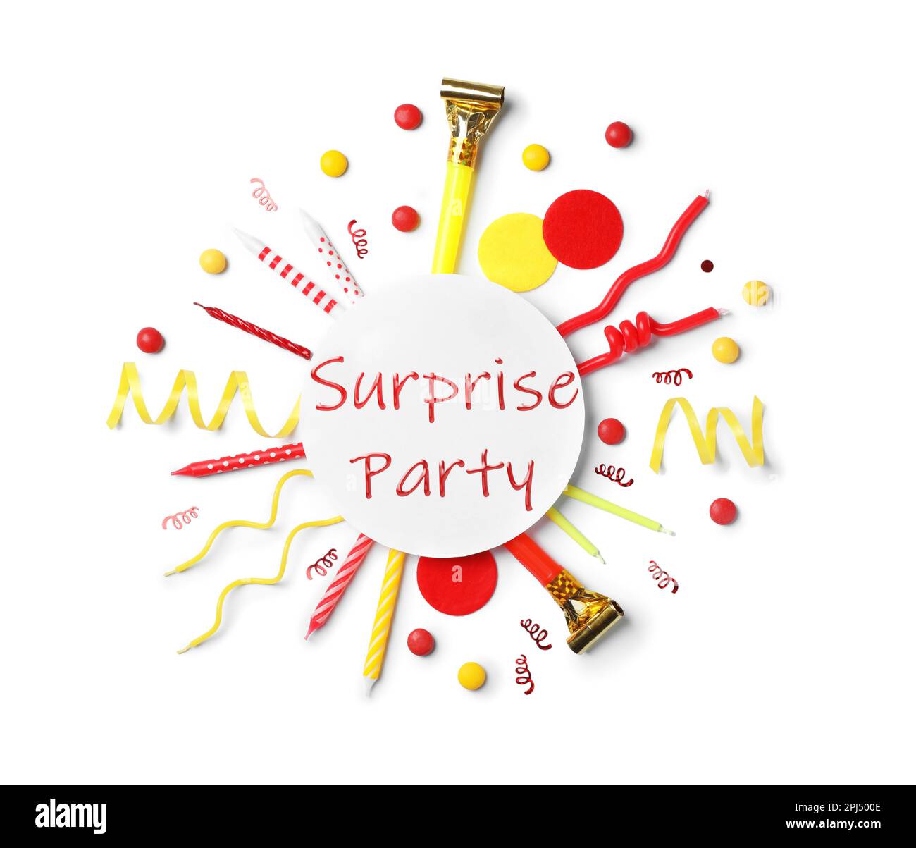 Flat lay composition with different items for surprise party on white ...