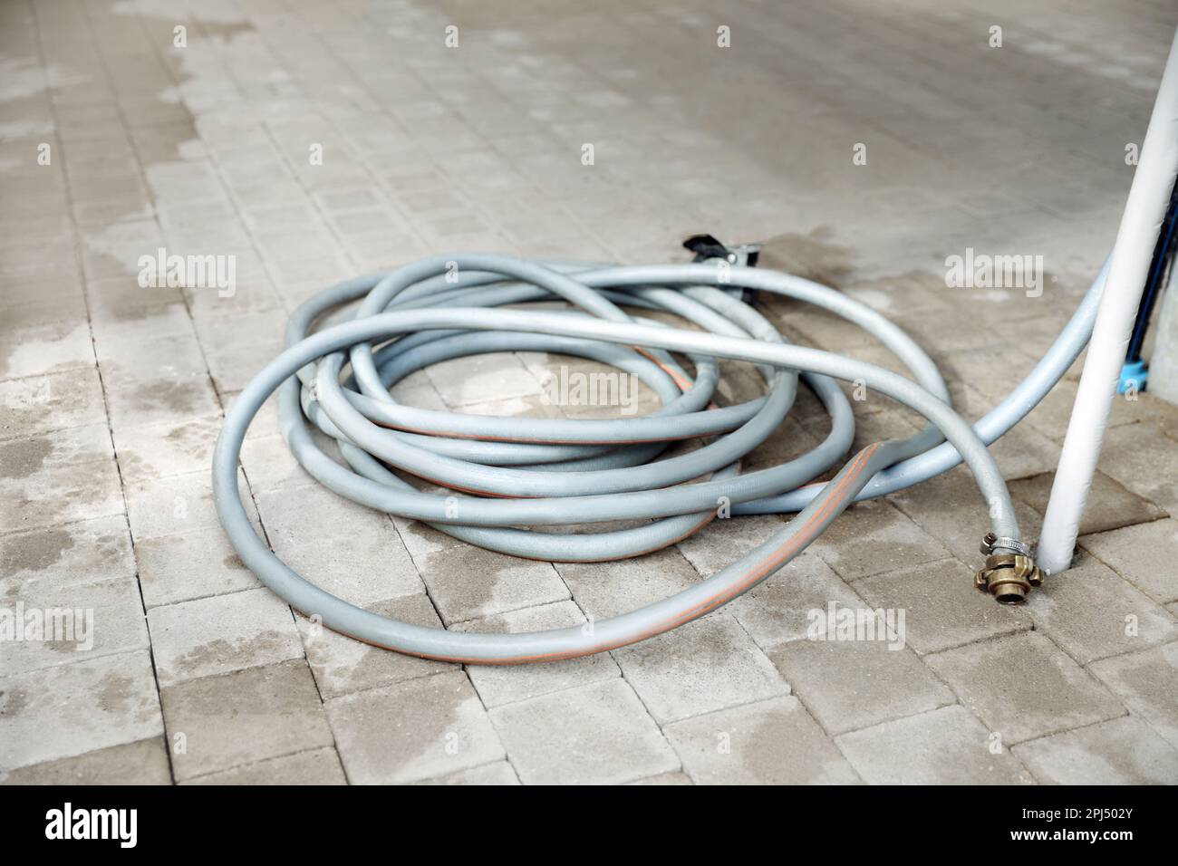 Grey hose on wet pavement in garden center Stock Photo - Alamy