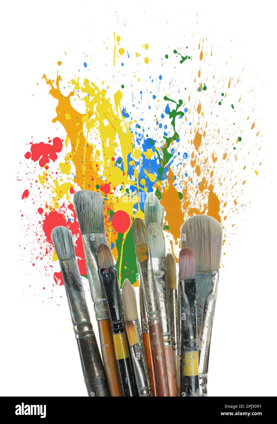 Different brushes and paint splatters on white background Stock Photo ...