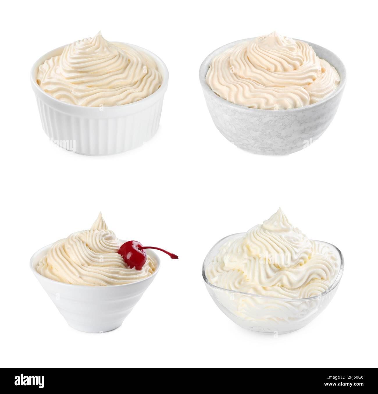 Set with delicious fresh whipped cream on white background Stock Photo ...