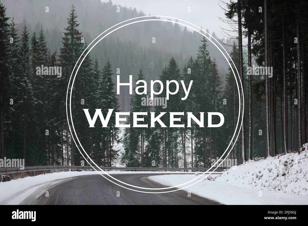 Happy Weekend. Beautiful landscape with conifer forest and road on ...
