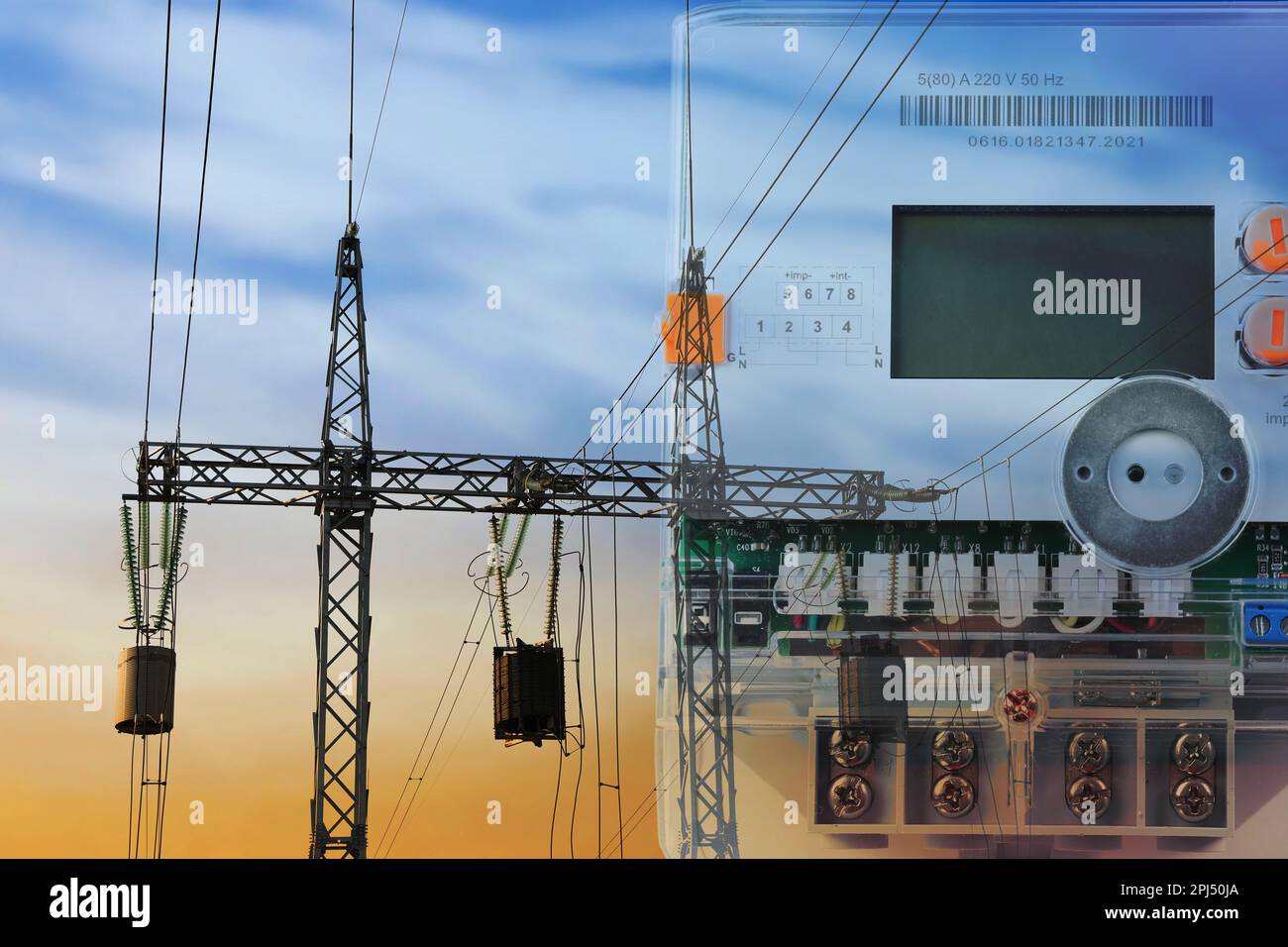 Double exposure of electricity meter and high voltage tower with ...