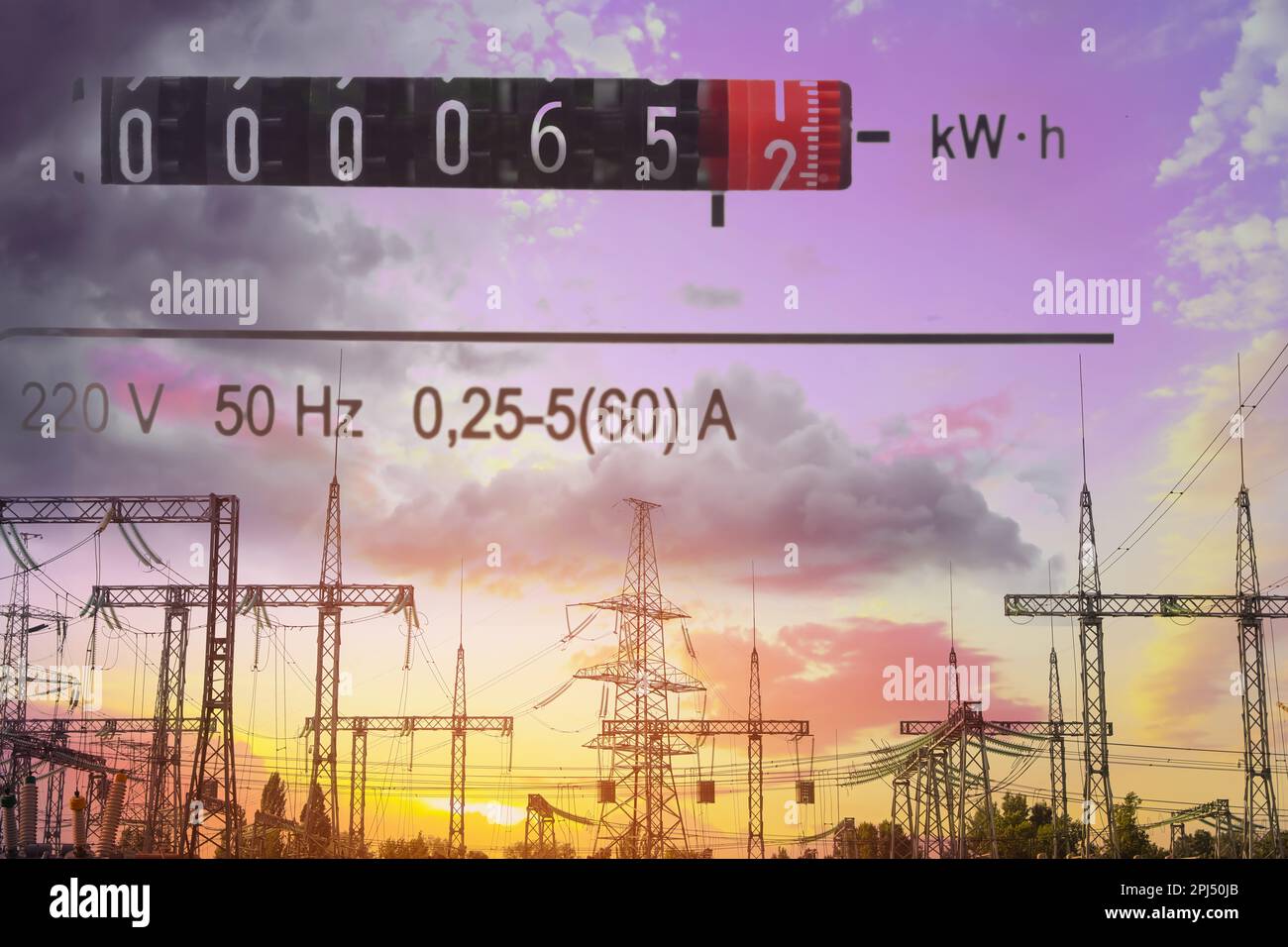 Double exposure of electricity meter and electrical substation Stock ...
