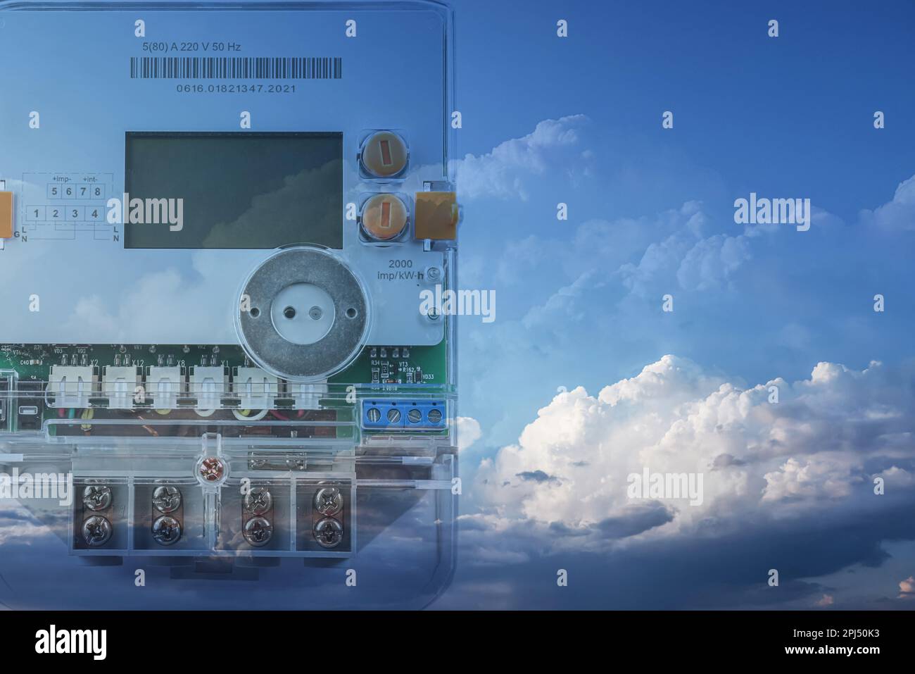 Double exposure of electricity meter and blue sky with clouds Stock ...