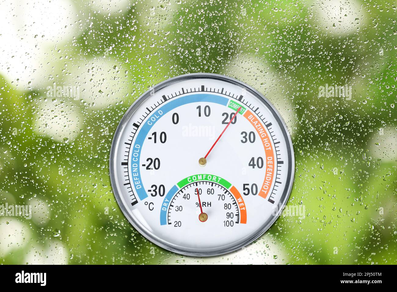 Mechanical hygrometer with thermometer on glass with water drops Stock ...