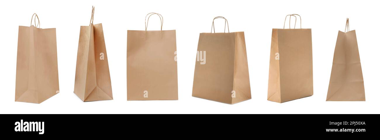 Set with kraft paper bags on white background. Banner design Stock ...