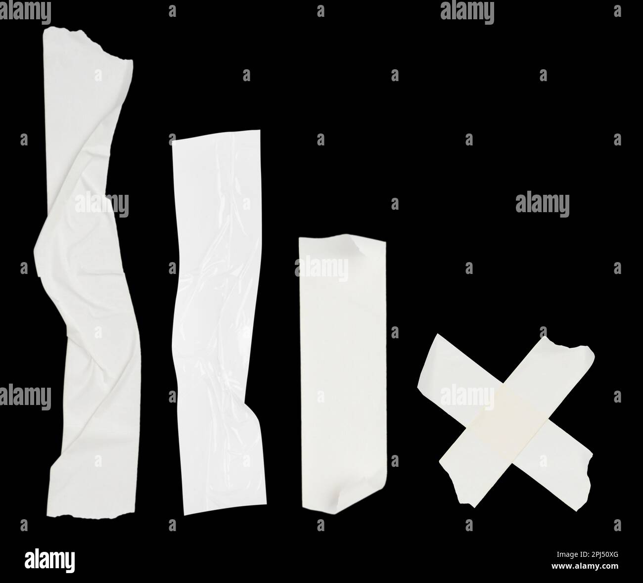 Set with pieces of white adhesive tapes on black background, flat lay ...