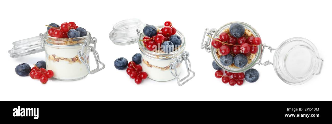 Delicious yogurt parfait with fresh berries on white background ...