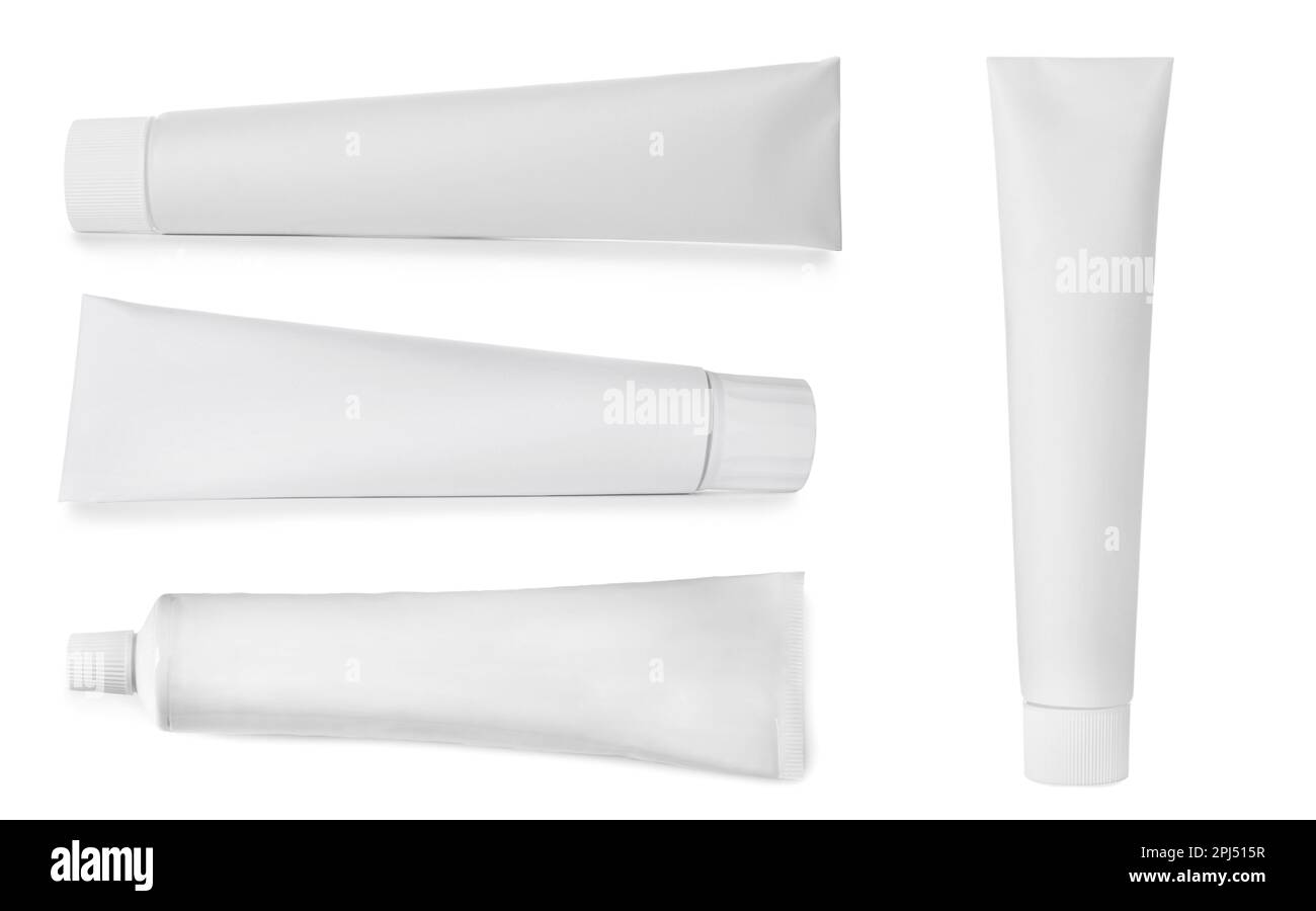 Collage with different toothpastes on white background Stock Photo - Alamy