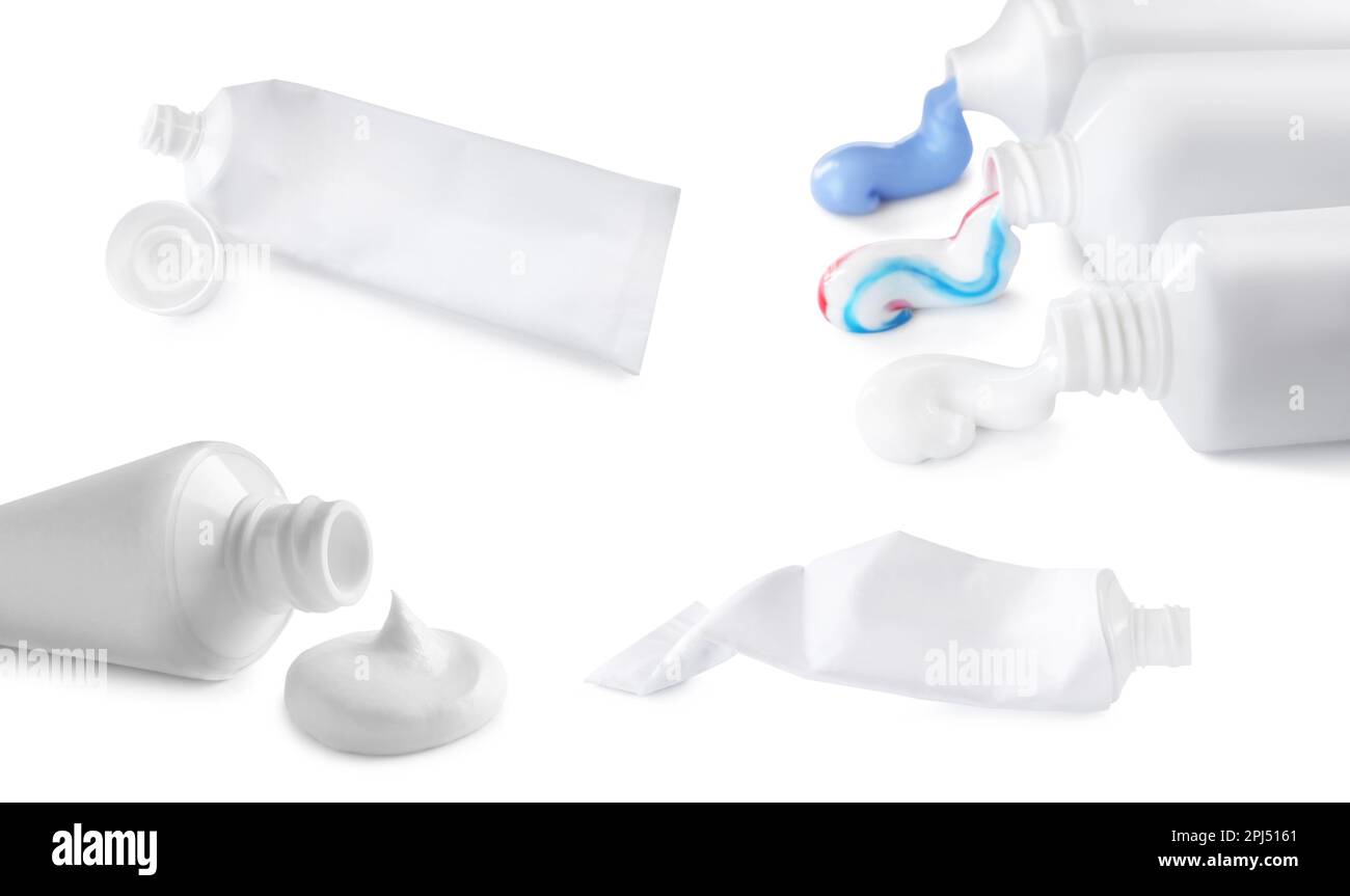 Collage with different toothpastes on white background Stock Photo - Alamy