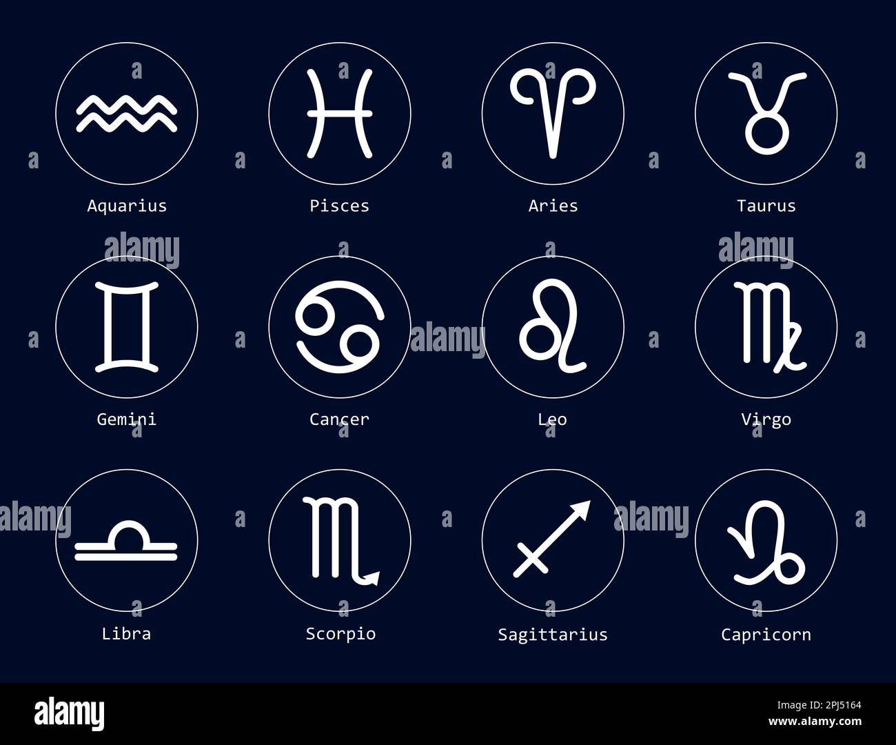 Set with 12 zodiac signs on dark blue background, illustration Stock ...