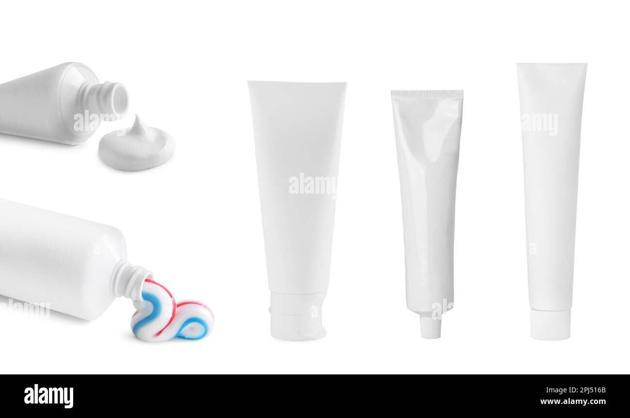 Collage with different toothpastes on white background Stock Photo - Alamy