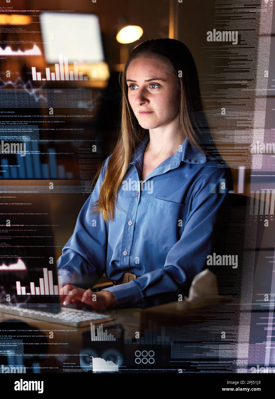 Woman At Desk Dashboard And Data Analytics Coding And Digital Overlay Stock Market Statistics