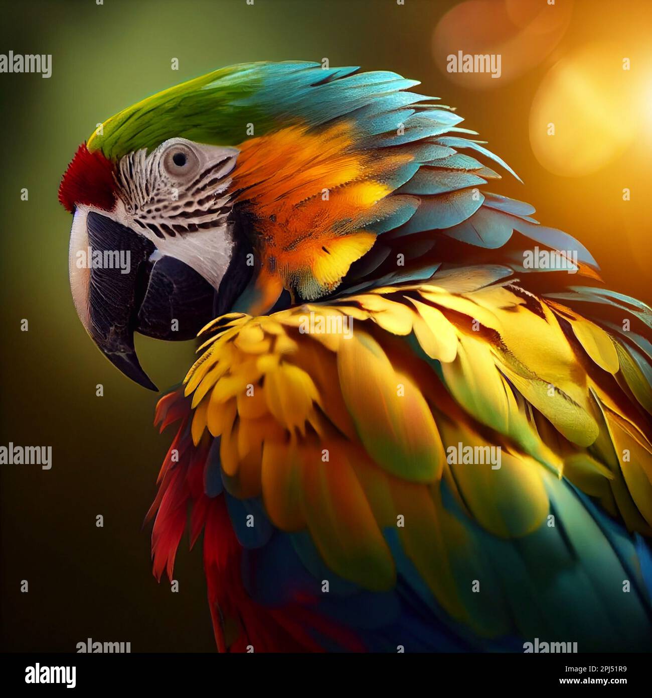 Macao parrot sits on a branch, Macaw in tropical forest. Wildlife scene ...