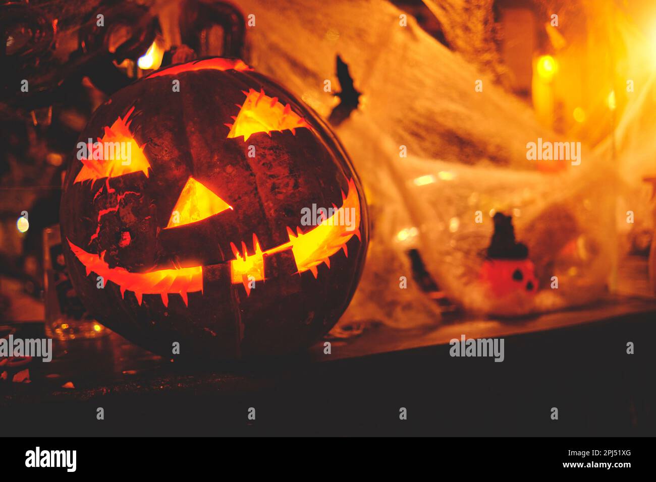 Scary halloween pumpkin on wooden planks, spooky jack lanterns on field ...