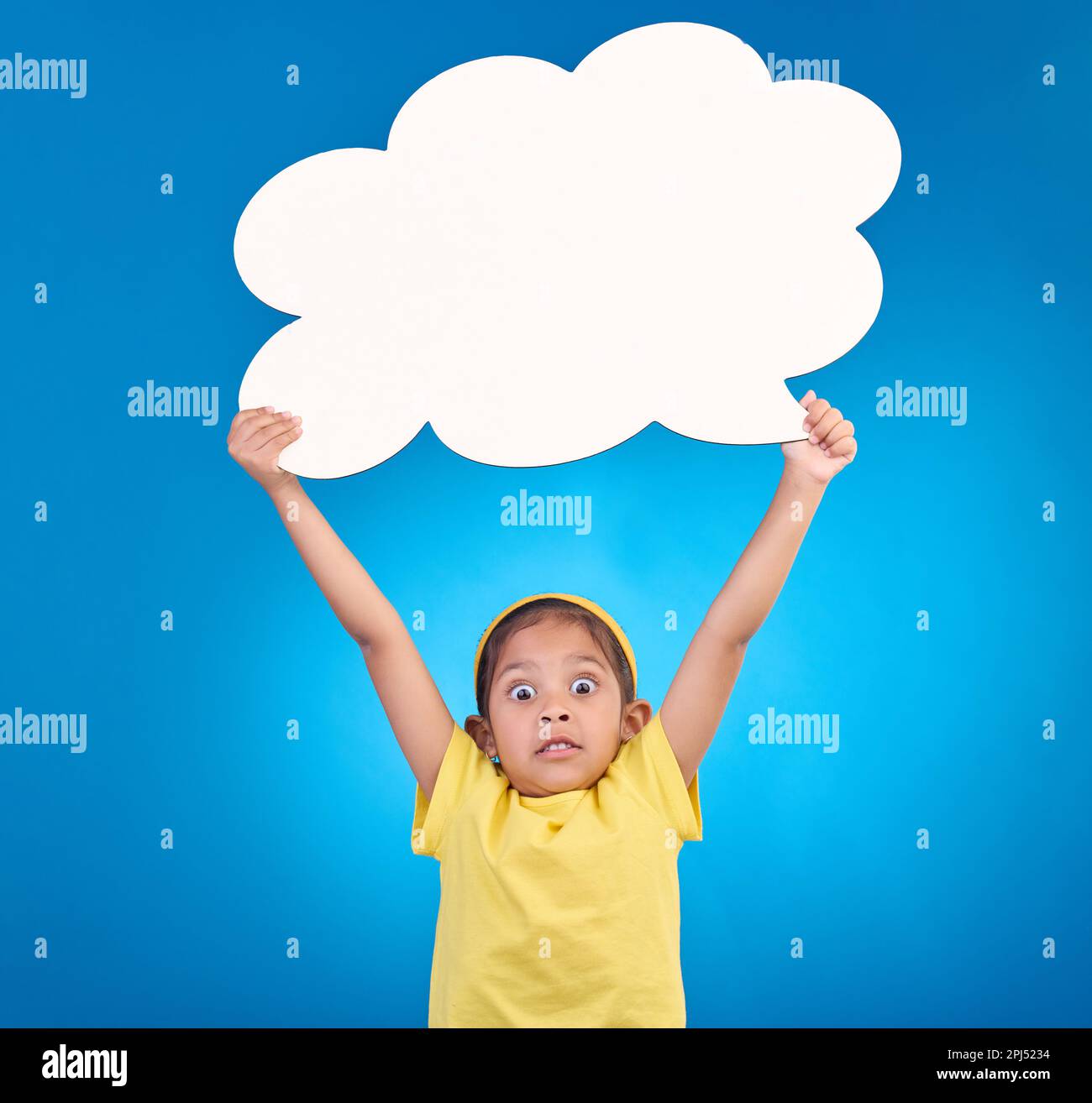 Speech bubble, surprise and portrait of child in shock for news ...